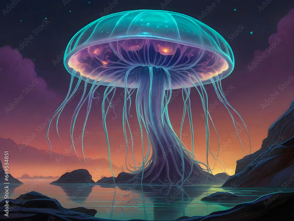 Stock-Illustration „A surreal landscape and flying luminous alien ...