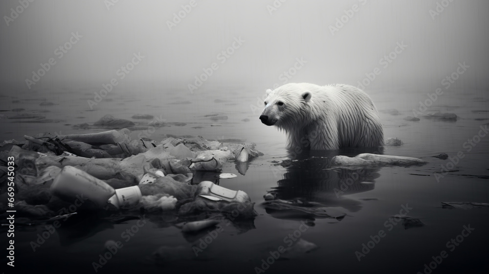 Puzzled polar bear stands in desolate gray world of melted ice, plastic ...