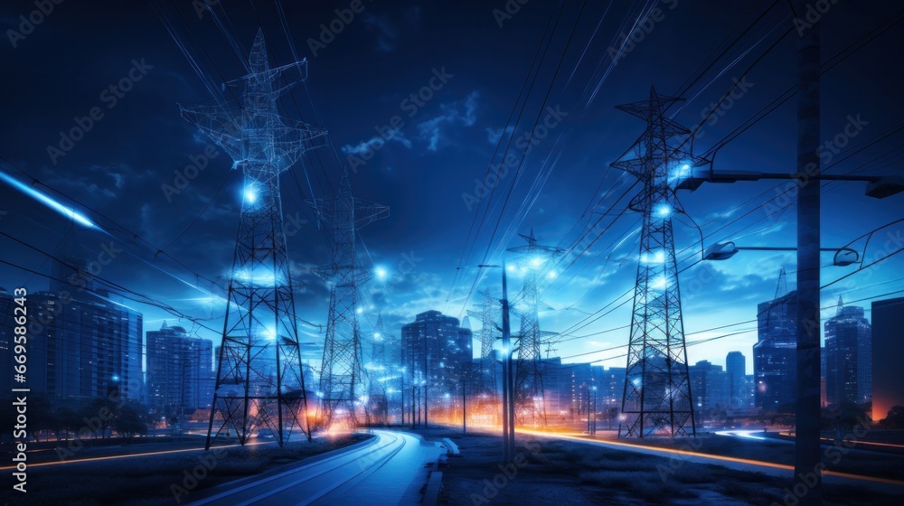 Urban high power poles connected to smart grid, energy supply, power ...