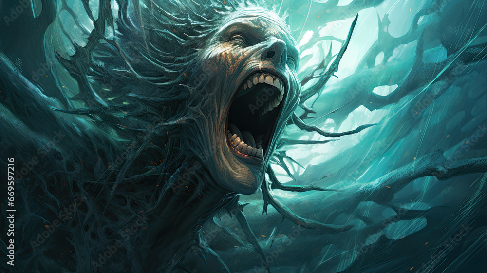 a woman screaming in the midst of a supernatural attack. Her face is ...