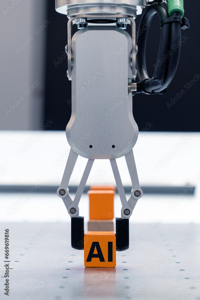 Modern handling robot - robotic arm with artificial intelligence symbol ...