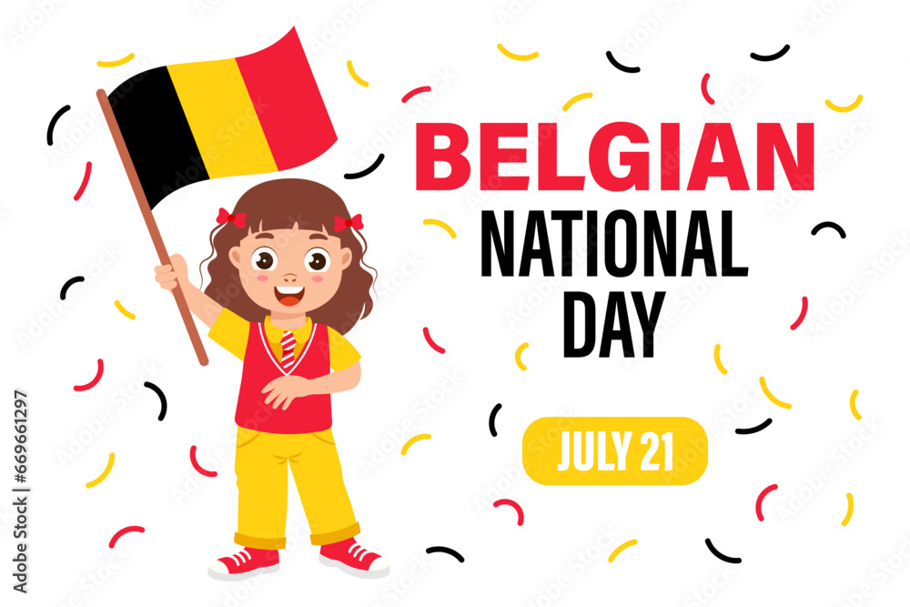 Belgian national day. Cute little girl with Belgian flag. Cartoon ...