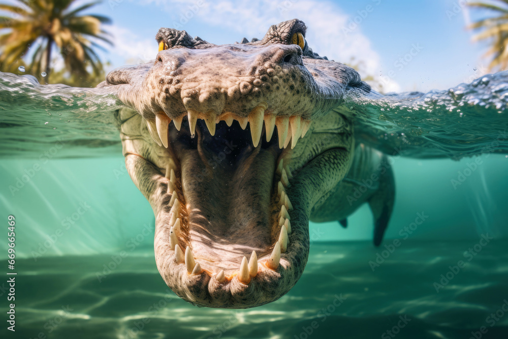 In the outdoor setting of a swamp, a crocodile opens its formidable jaw ...