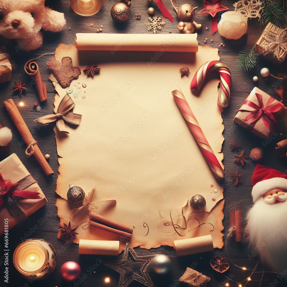 Blank scroll (parchment) with copy space, in a Christmas and Santa ...