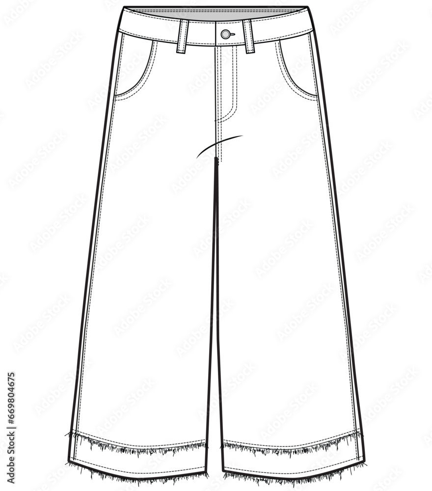 girls wide leg baggy denim pant flat sketch vector illustration ...