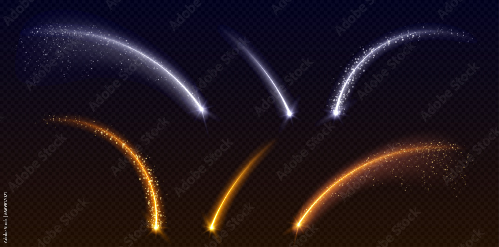 Shooting star with glow arc shaped light trail. Realistic vector ...