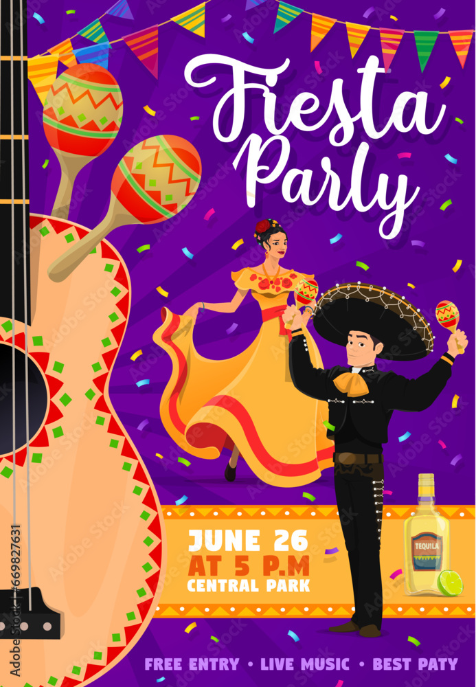 Mexican fiesta party flyer. Dancing woman and mariachi musician ...