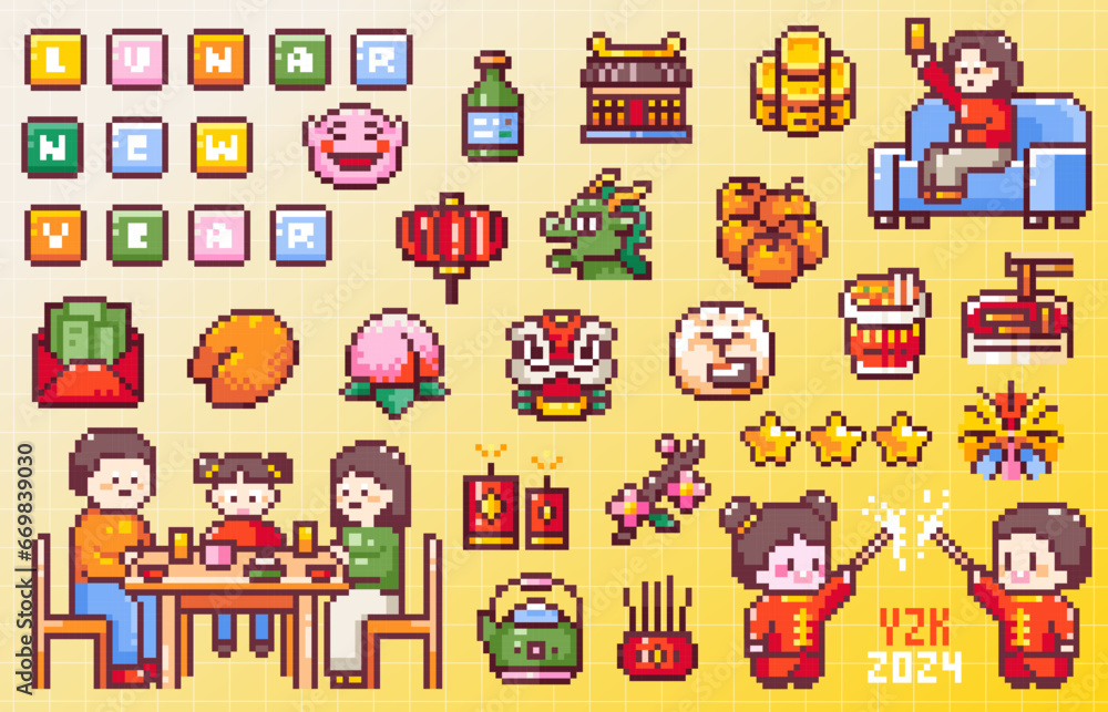 Pixel Art Fast Chinese New Year Celebration Icons. 8 bit Style Stickers ...