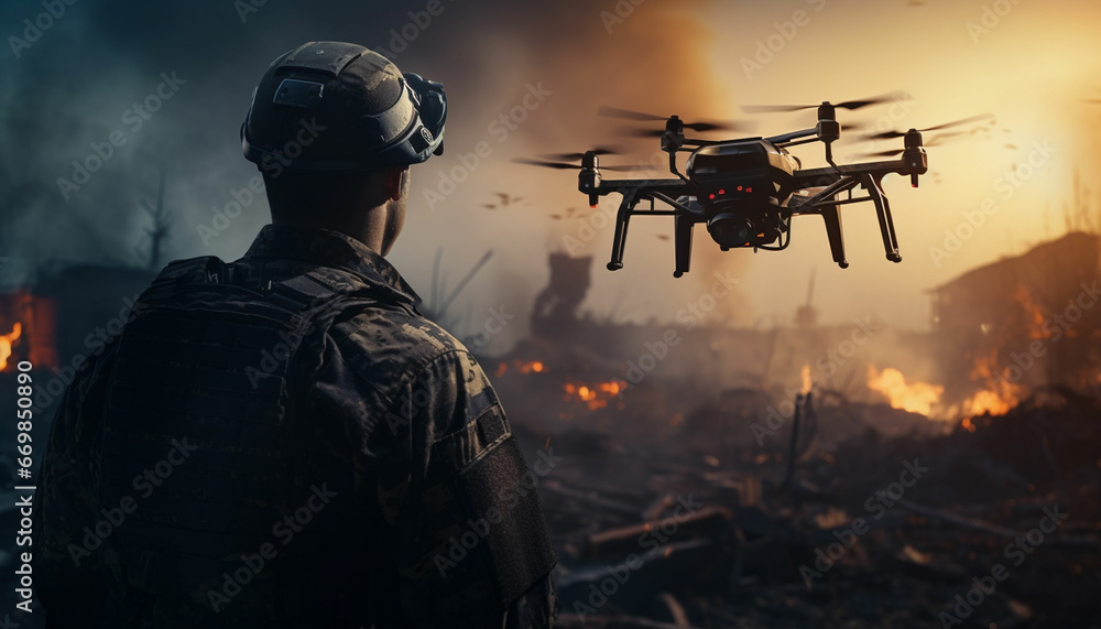 Military soldier controls drone for reconnaissance operation of enemy ...