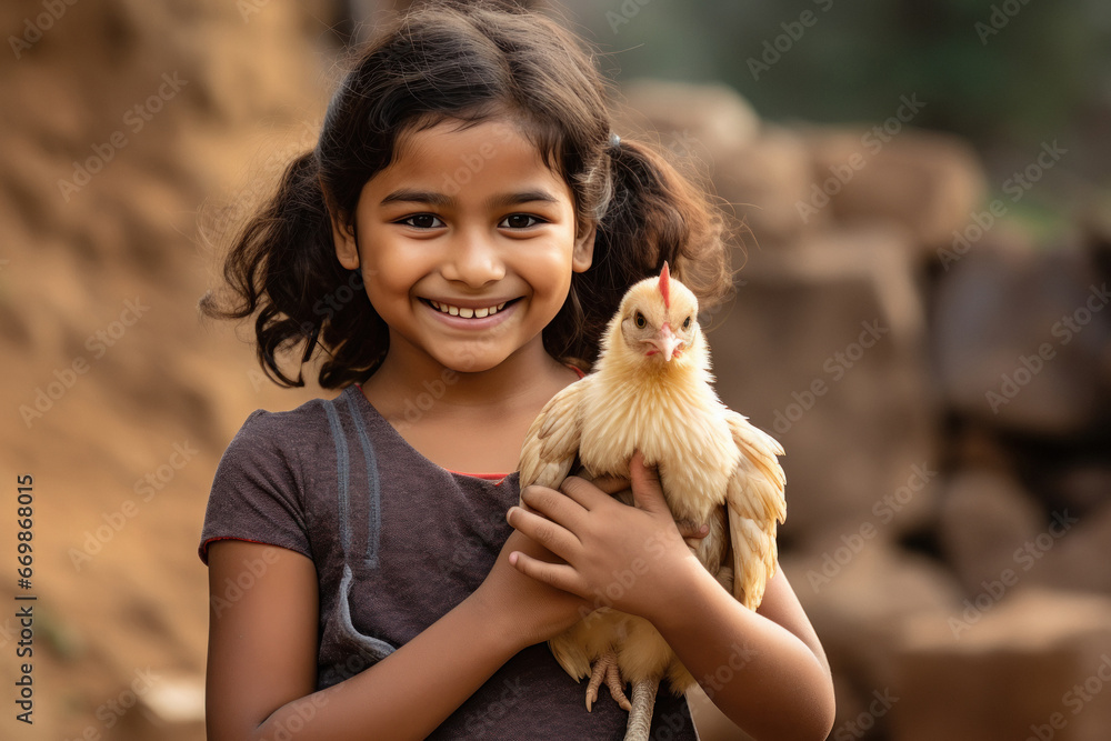 Cute indian little girl holding hen in hand Stock Photo | Adobe Stock
