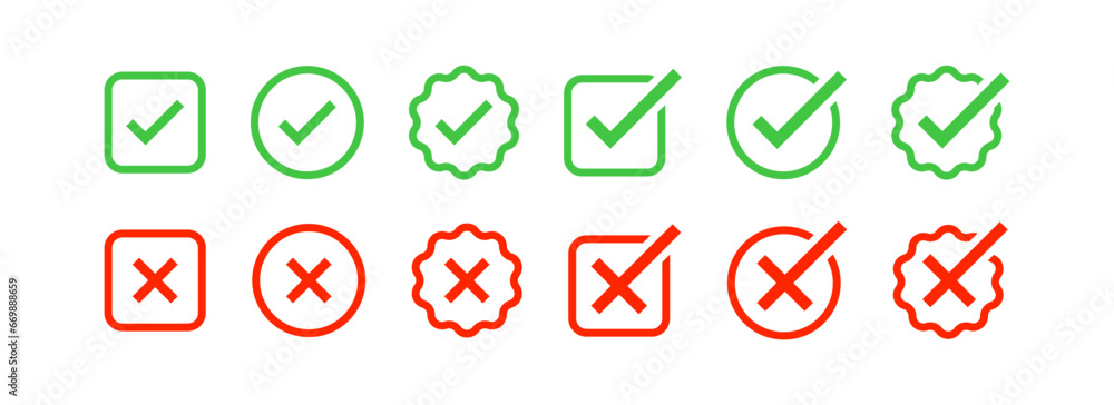 Check mark icon. Wrong symbol. Correct in checkbox signs. X element ...