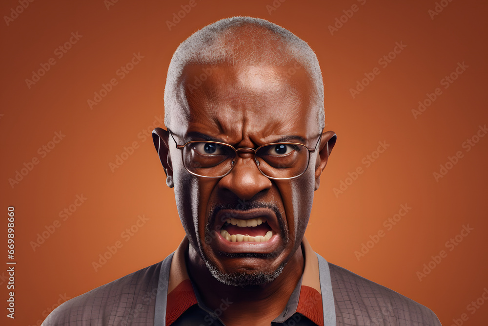 Angry mature African American man with glasses yelling, head and ...