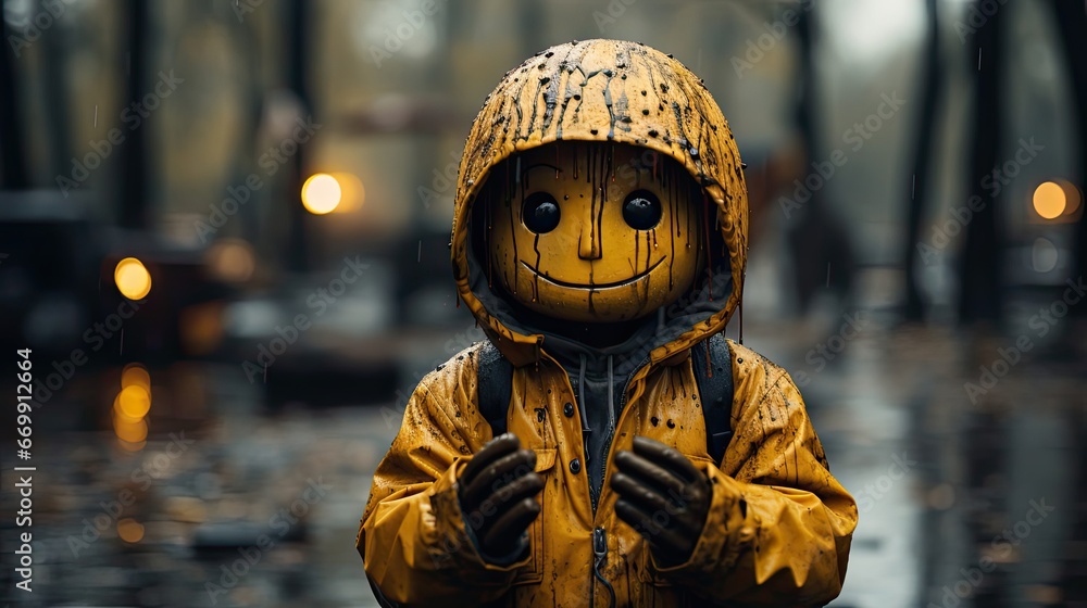 Sad smiley drawn by hand on wet fogged glass from the rain, copy the ...