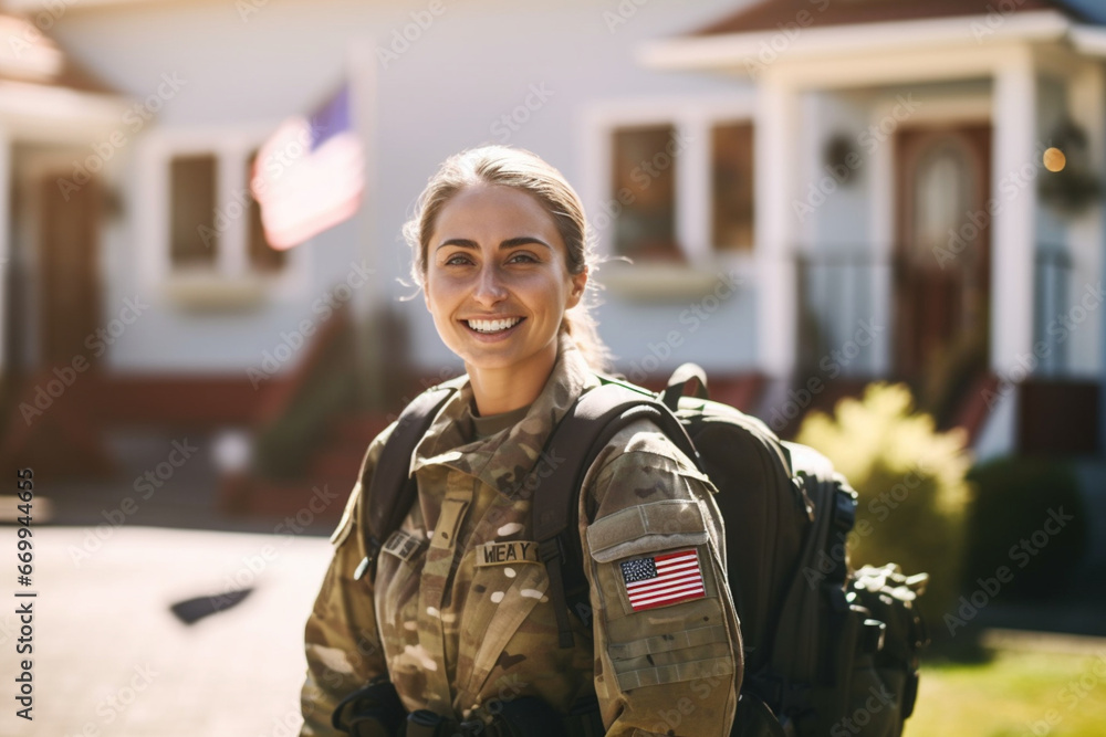 Happy female soldier looking away with a smile while standing outside ...