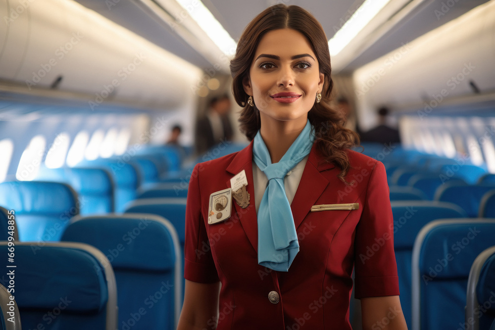 Stock-Foto „Beautiful Indian air hostess in the plane“ | Adobe Stock