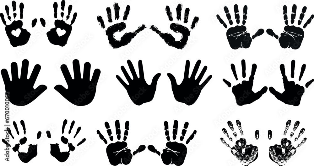 handprints vector illustration, white background. Various hand gestures ...