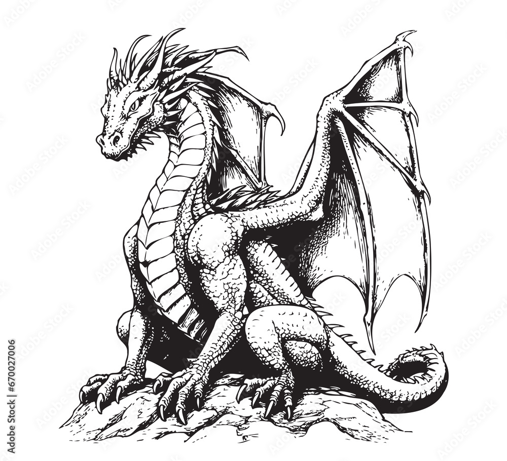 Dragon sitting cartoon hand drawn sketch Vector illustration Wild ...