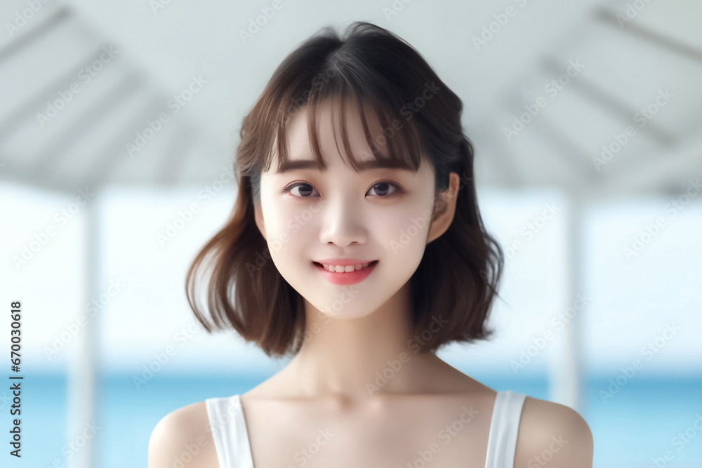 Beautiful Asian Woman, Close up on her face with Smooth skin look at ...