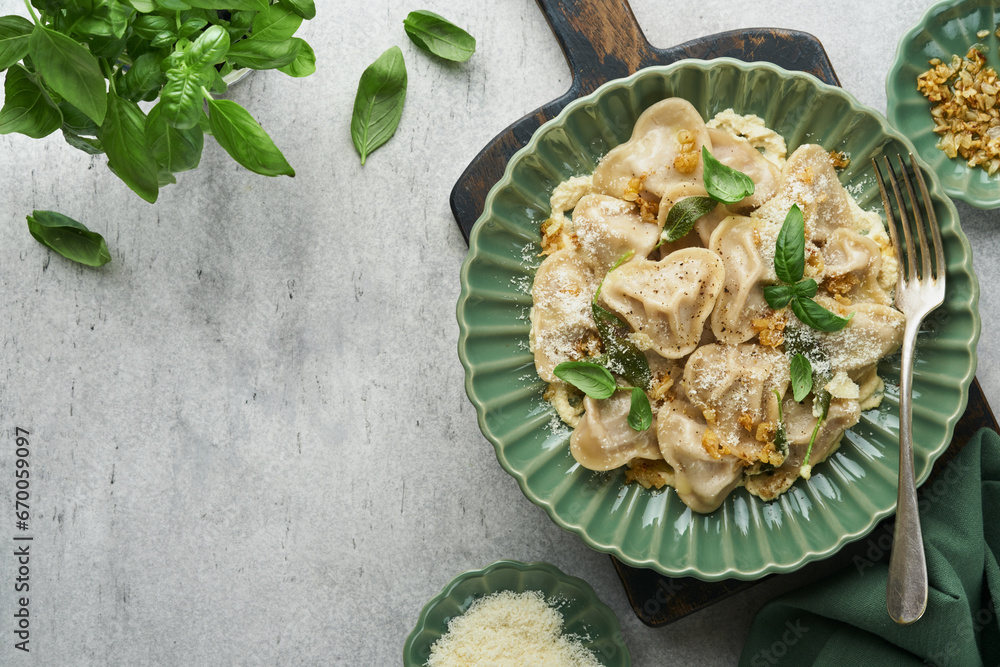 Homemade italian ravioli pasta in heart shape with beef meat, cheese ...