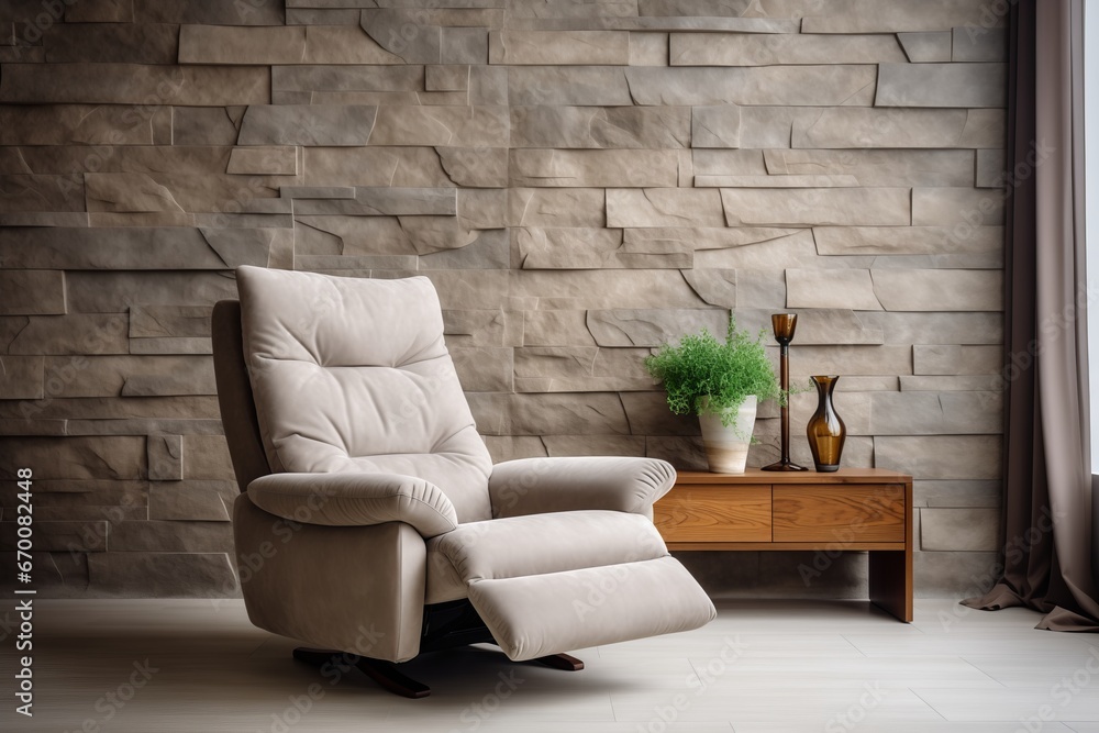 Stone Cladding Backdrop for Beige Fabric Lounge Recliner Chair Stock ...
