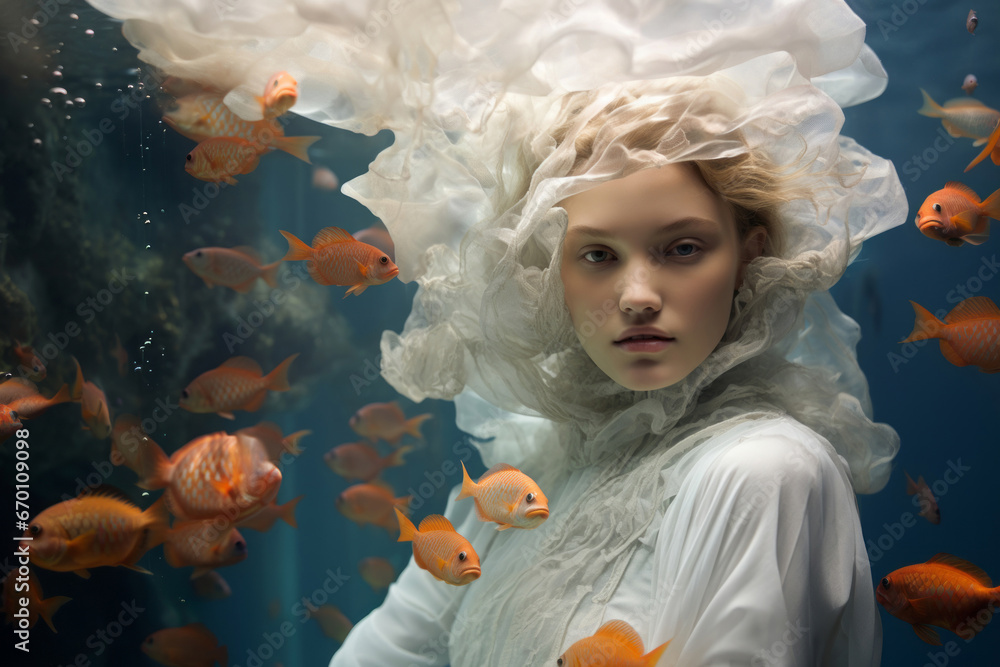 Generative AI artwork of a model adorned in a floating water dress ...