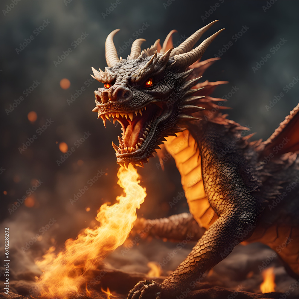 Mad dragon destroying the world. Angry reptile with a growl giving a ...