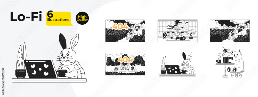 Kawaii cute black and white lofi wallpapers bundle. Bear cupcake, panda ...