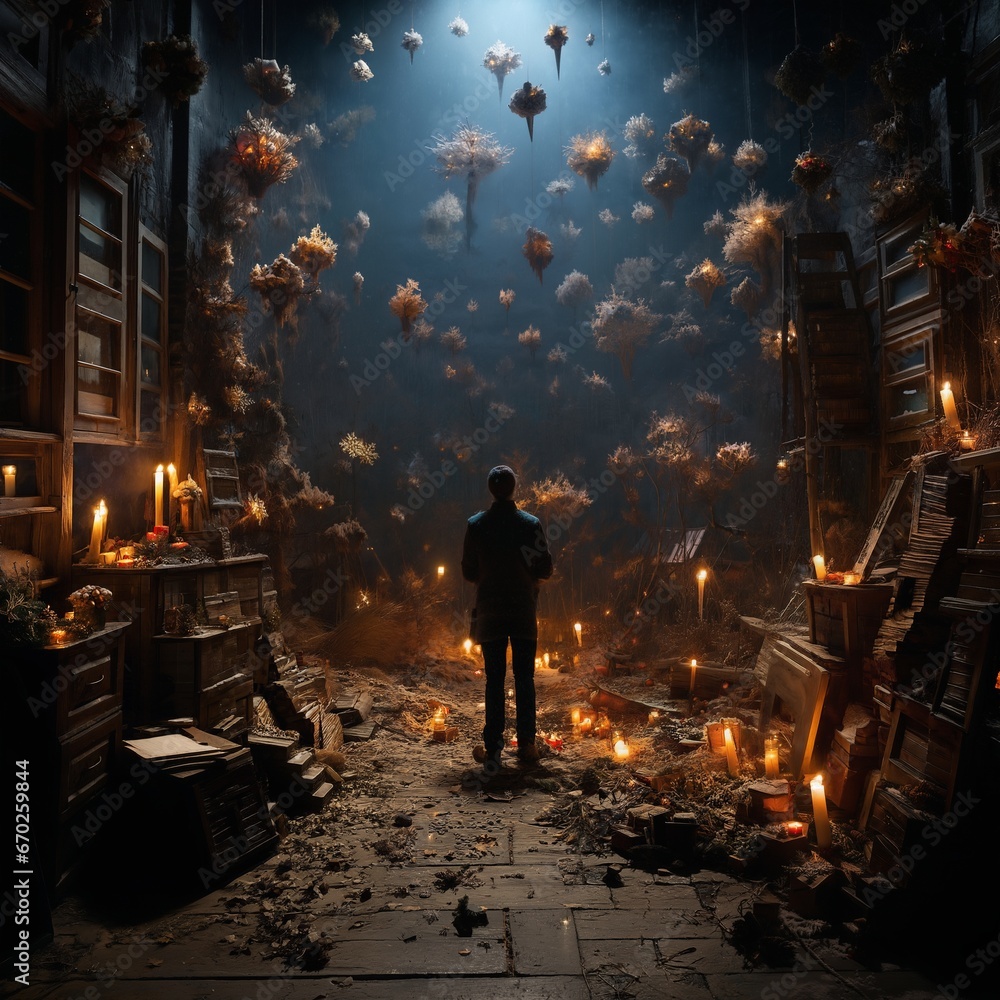 Stock-Illustration „fantasy, a man in a library stands and looks at a ...