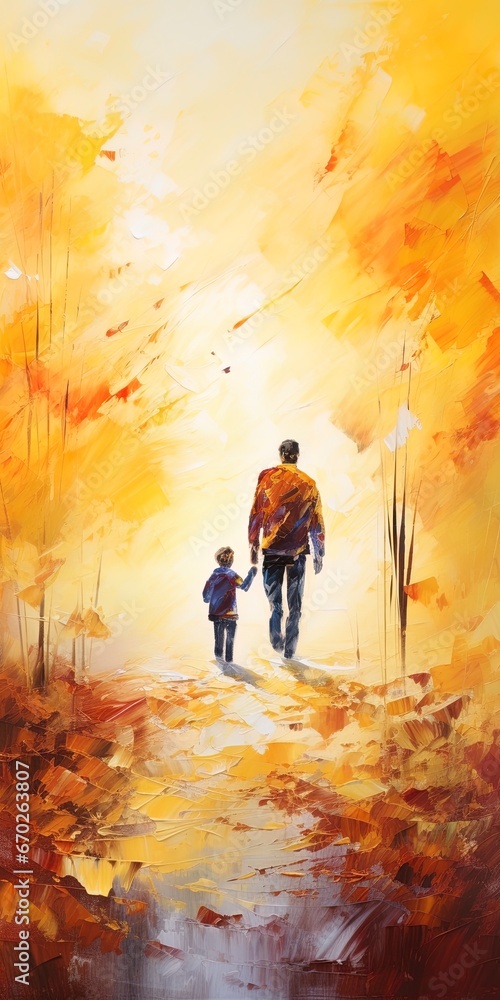 Lonely father walking hand in hand with son child. Concept illustration ...