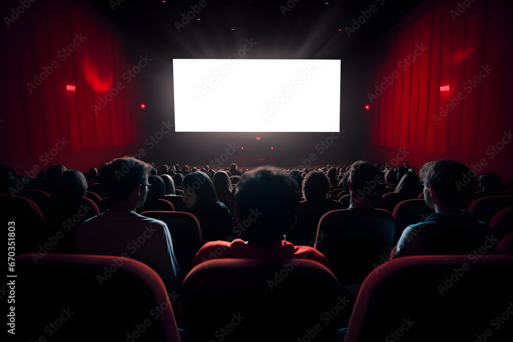 empty movie theatre screen mock up, modern cinema with people on red ...