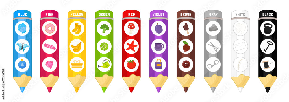 Vector illustration of cartoon colored pencils with objects of ...