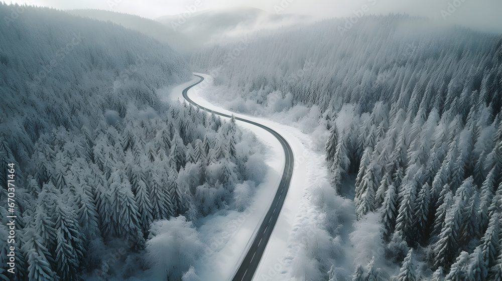 Ilustración de Stock Winter's Embrace: A meandering, snow-covered road ...