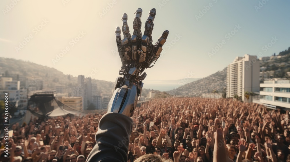 Stock-Illustration „Humanoid robot's hand raises up infront of cheering ...