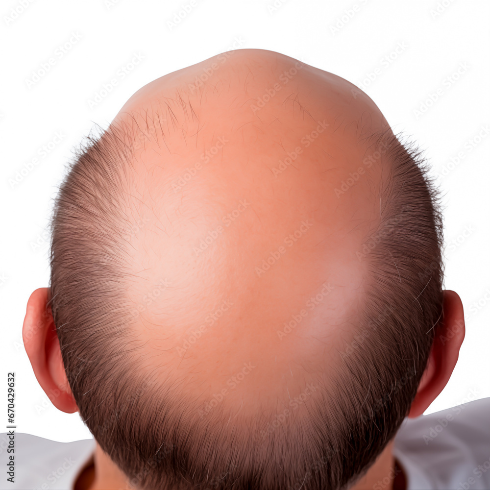 Male hairloss or baldness, top down view of a man with a bald spot on ...