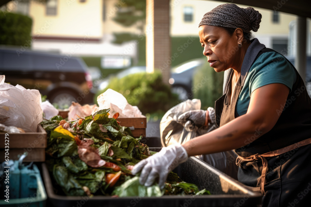 African American middle aged woman street cleaner separates waste in ...