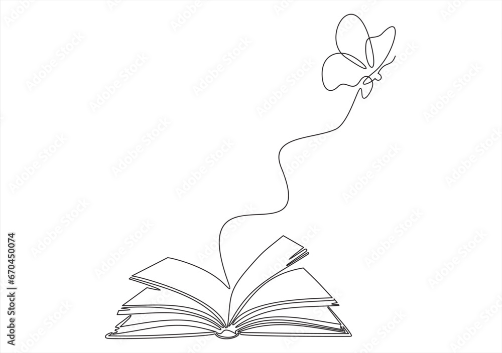 Flying book one line drawing with butterfly. Continuous hand drawn ...