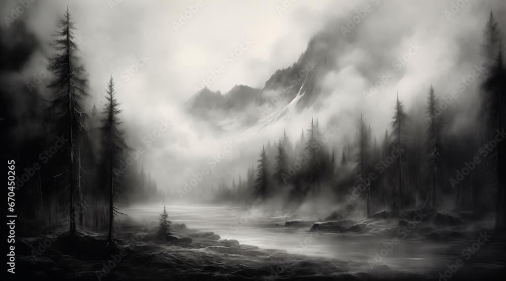 charcoal pencil drawing of mountains cowered in mist, black blurry ...