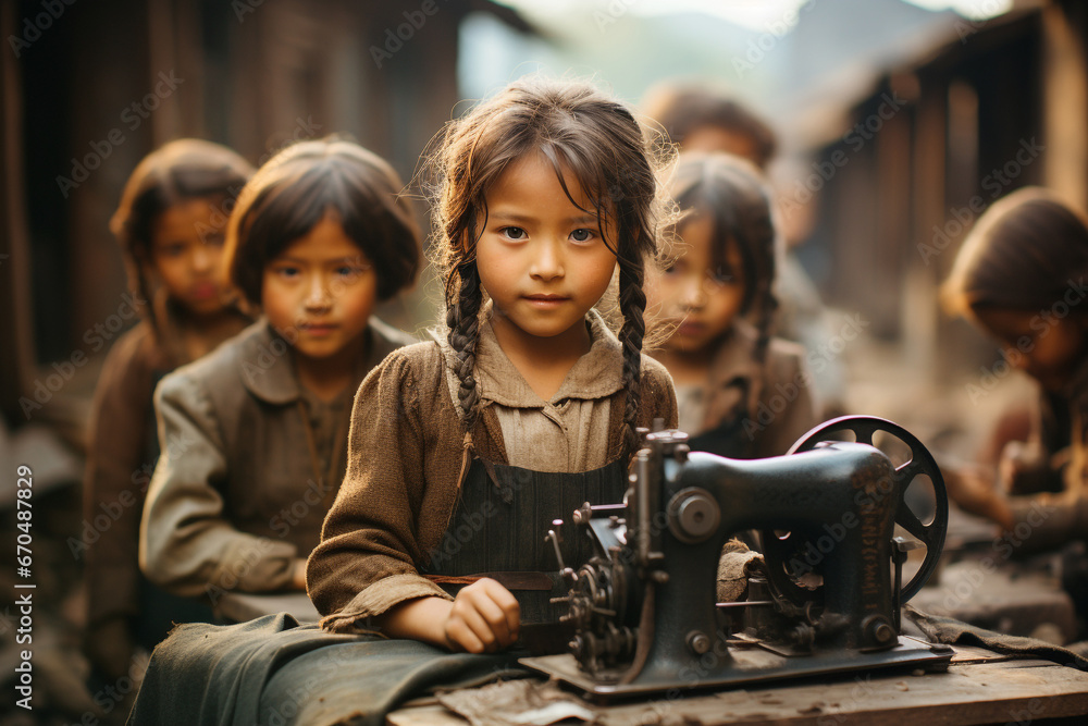 Child labour, children sewing clothes for textile and fashion industry ...