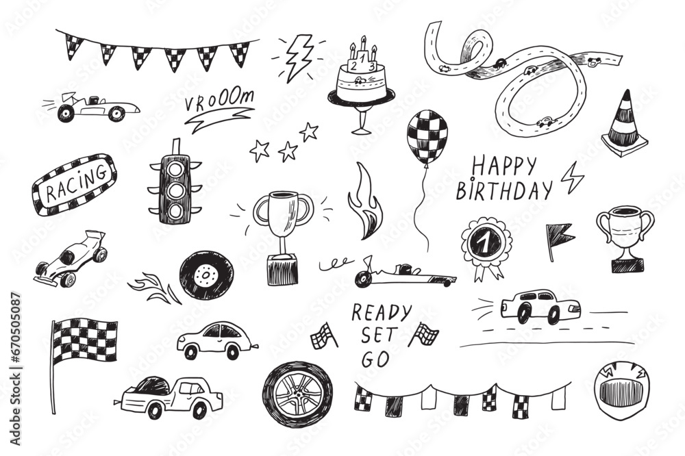 Racing cars Happy Birthday line vector illustrations set. Stock Vector ...