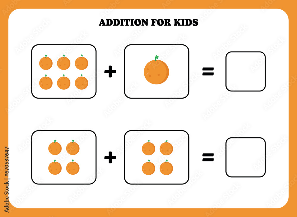 Addition page for kids. Educational math game for children with orange ...