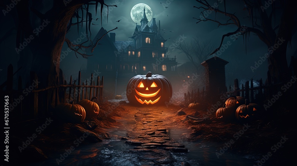 Digital art of Halloween spooky background, scary lantern pumpkin face ...
