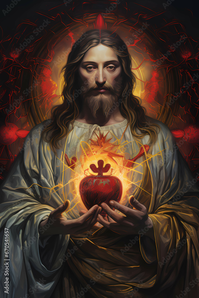 Jesus holding sacred heart burning robe halo catholic religious art ...