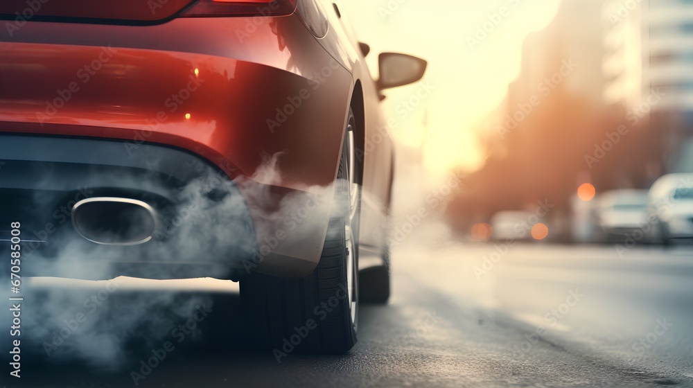 Closeup car exhaust pipe with visible CO2 smoke billowing out. Carbon ...