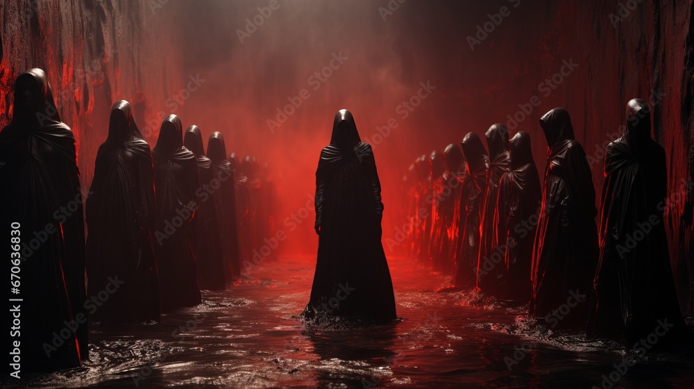 Silhouettes of a mysterious cult, cloaked in darkness and drenched in ...