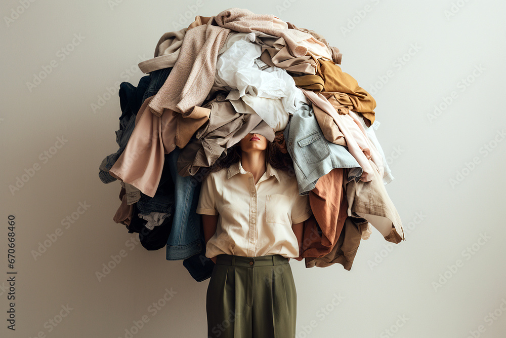 Stock-Foto „Woman standing in a pile of clothes. Shopping addiction ...