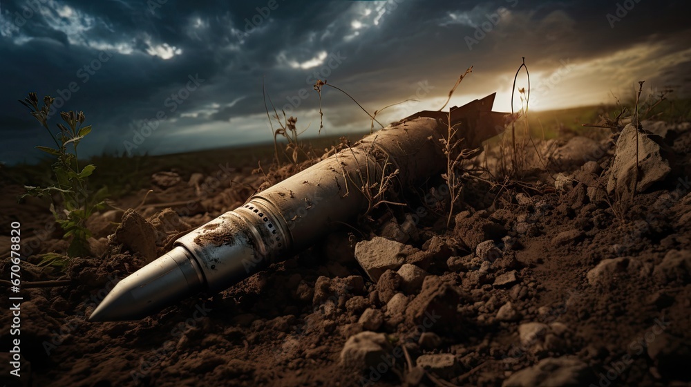 an unexploded missile half-buried in the ground, representing the ...