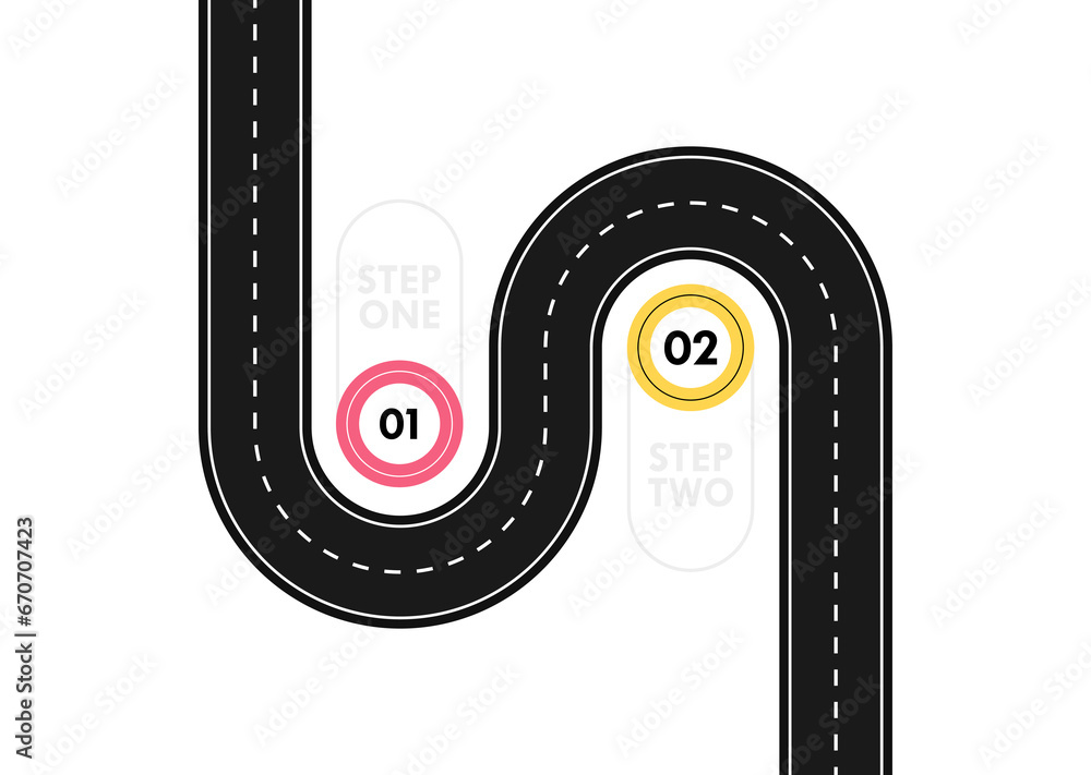 Route infographic template. Winding asphalt road map with two steps ...