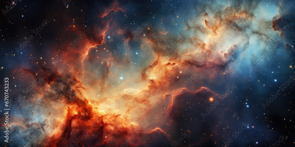 Cosmic dust and gases form a colourful nebula in distance. Space. These ...