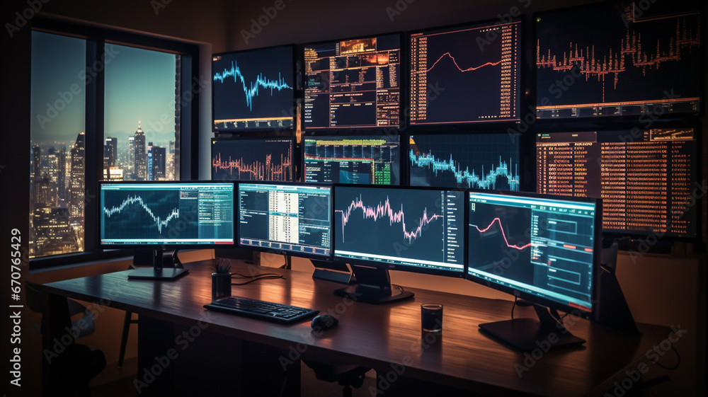 Many computer monitor screens with graphs and trading charts for stock ...