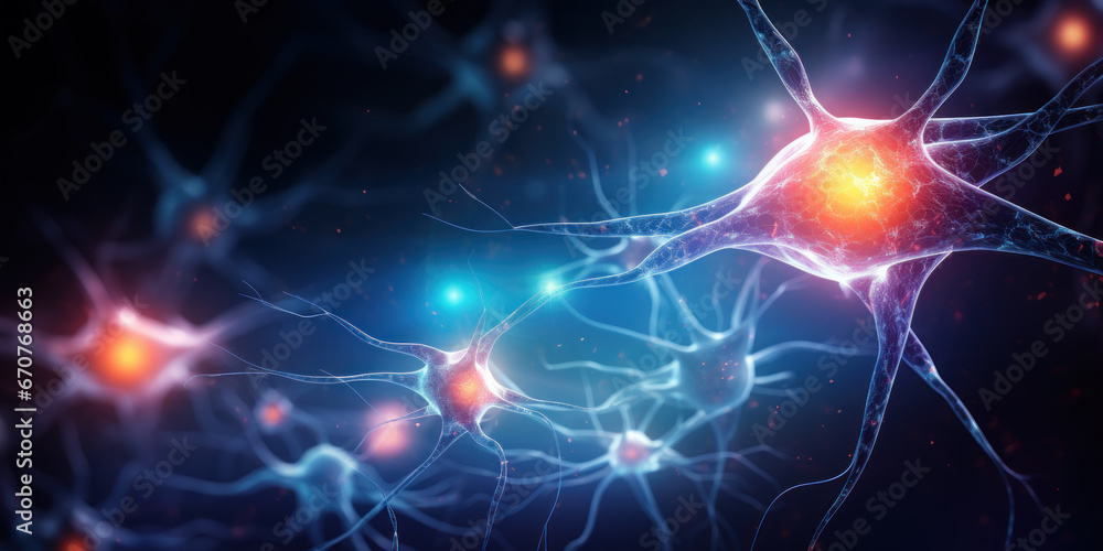 Neural network close-up, microscope view of nerve cells with dendrites ...